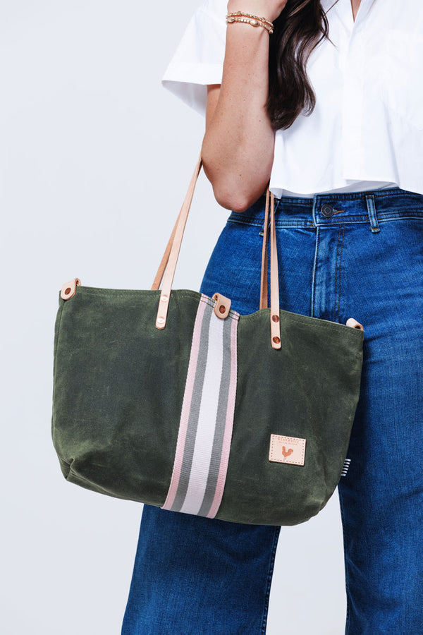 Olive Waxed Canvas Perfect Tote with Webbing | Olive Canvas Tote Bag