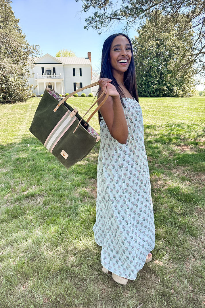 Olive Waxed Canvas Perfect Tote with Webbing | Olive Canvas Tote Bag