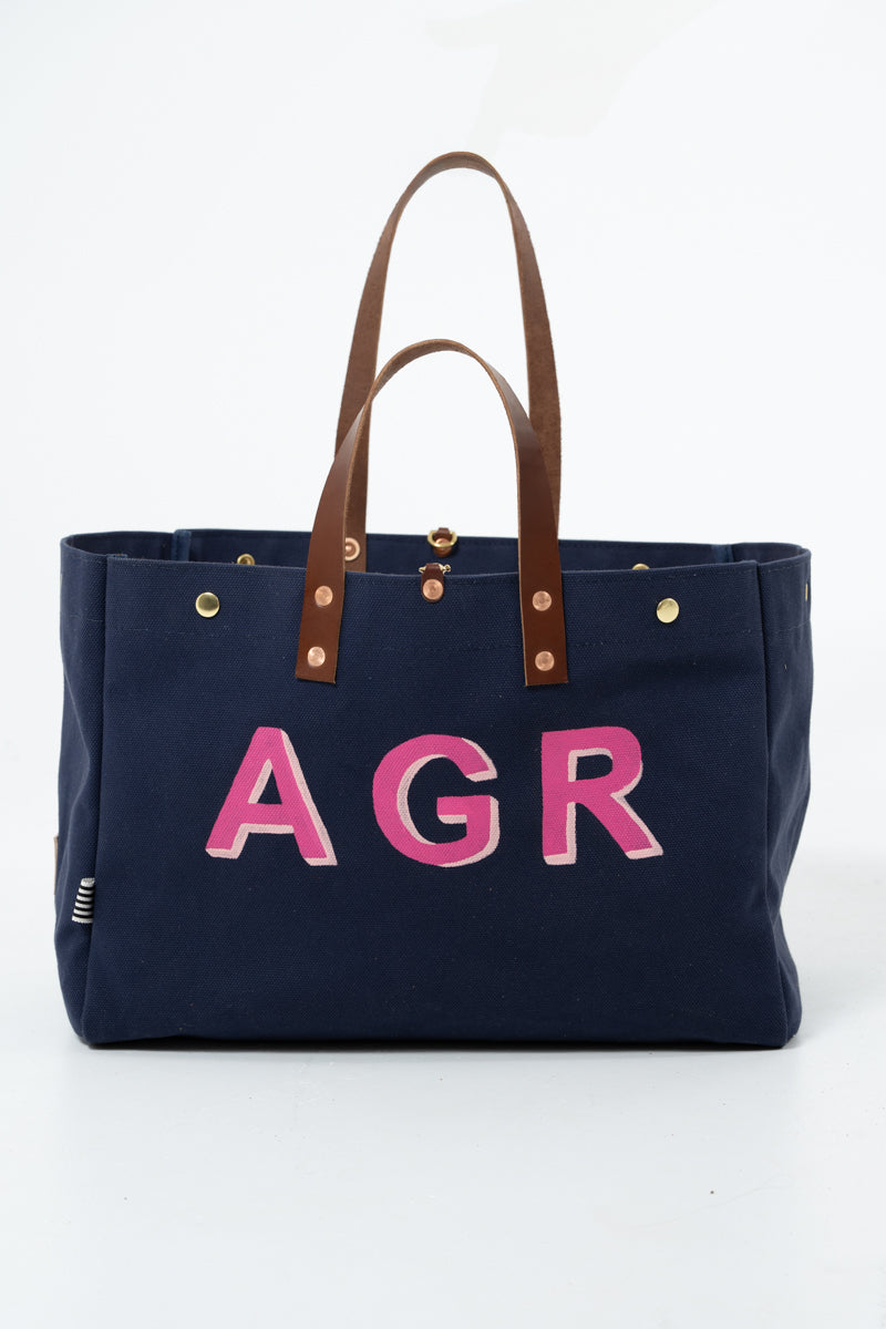 Hand-Painted Navy XL Canvas Snap Tote | Navy Snap Tote